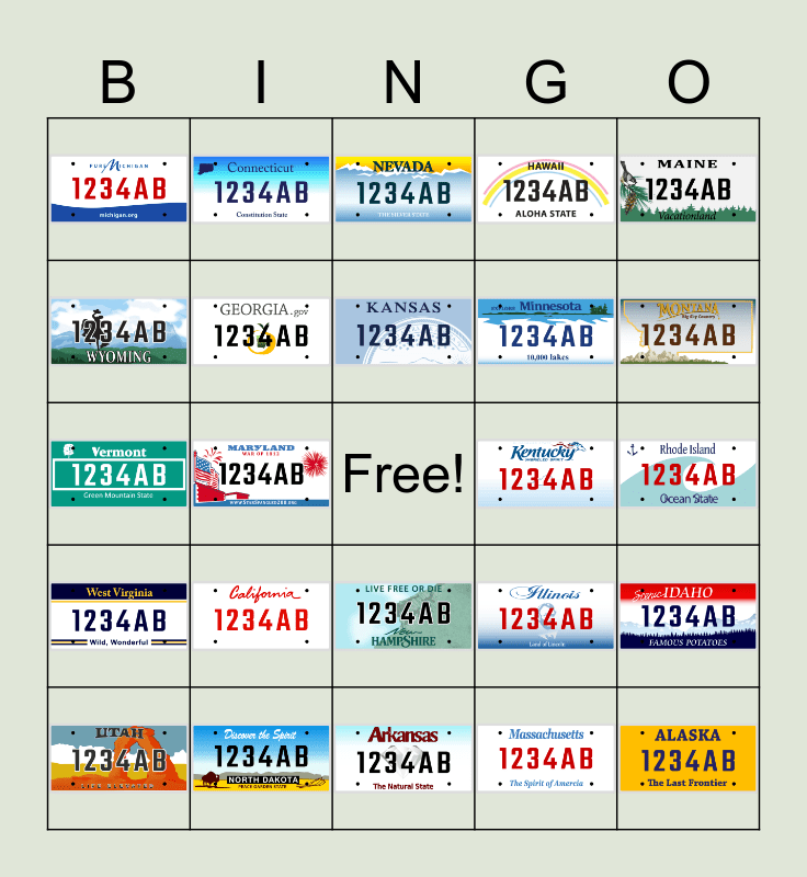 USA License Plates Bingo Card