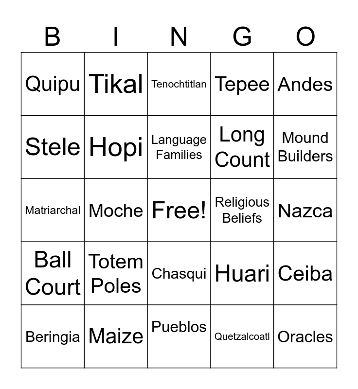 Civilizations of the Americas Bingo Card