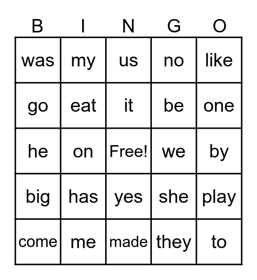 Sight Words and High Frequency Words Bingo Card