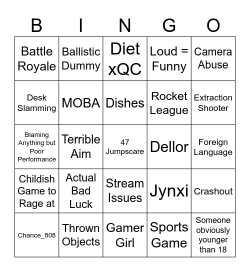 Gamer Rage Bingo Card