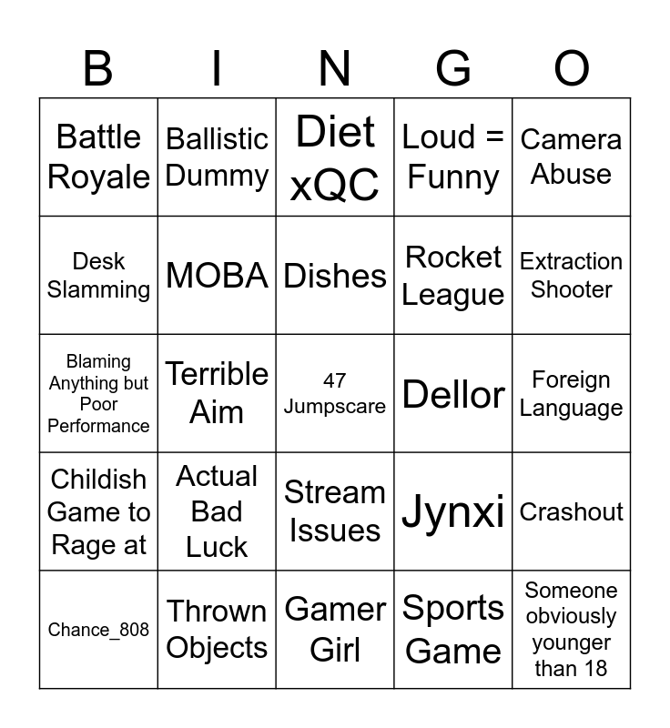 Gamer Rage Bingo Card