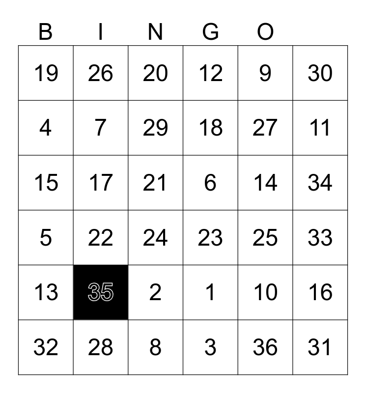 Number 1-36 Bingo Card