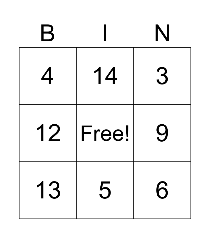 Bingo 1-15 Bingo Card