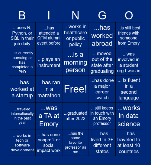 QTM Alumni Bingo I Met An Alum Who Bingo Card QTM Alumni Bingo I Met An Alum Who Bingo Card