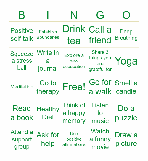 Coping Skills Bingo Card