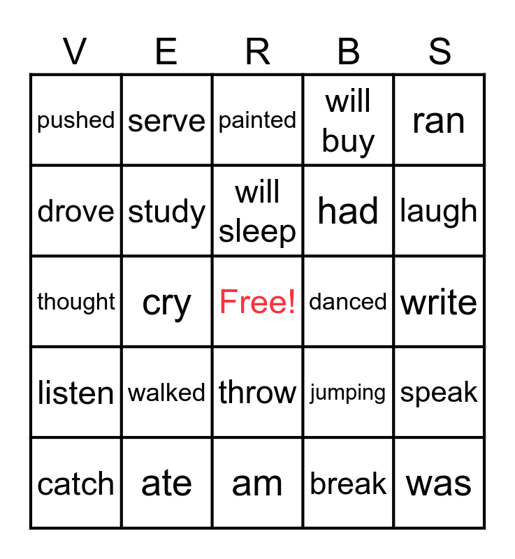 Verb Tenses Bingo Card
