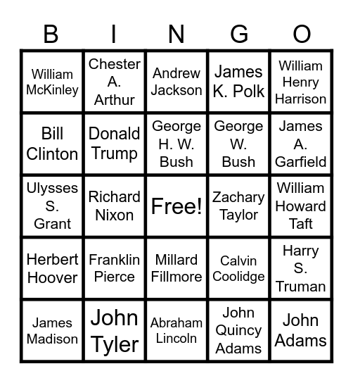 President's Day Bingo Card