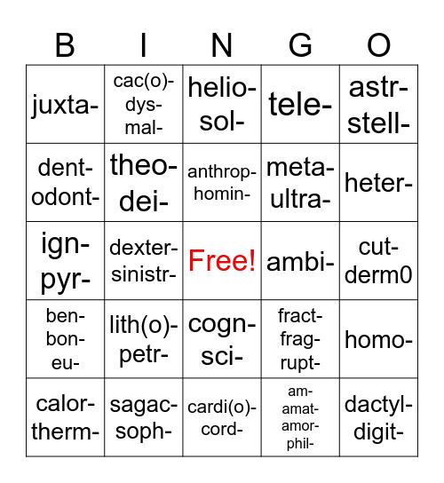 Greek/Latin Root Bingo Card