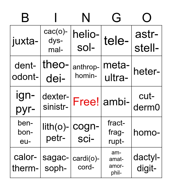 Greek/Latin Root Bingo Card