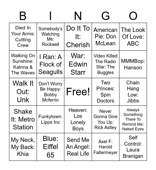 One Hit Wonders Bingo Card