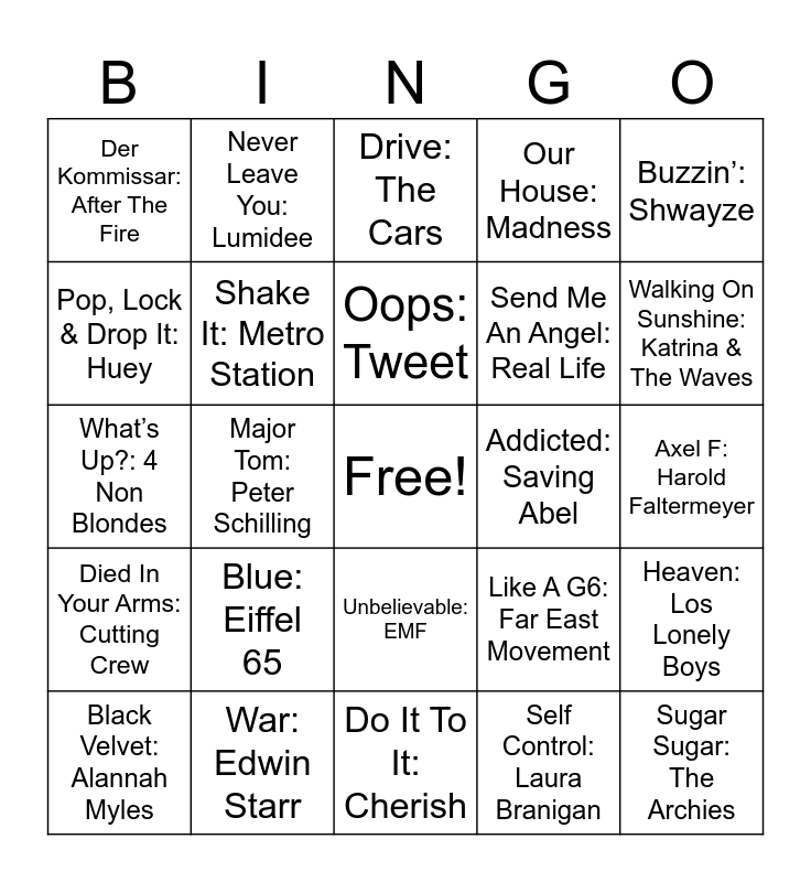 One Hit Wonders Bingo Card