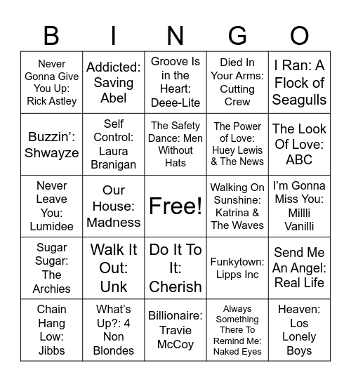 One Hit Wonders Bingo Card