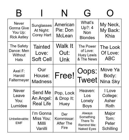 One Hit Wonders Bingo Card