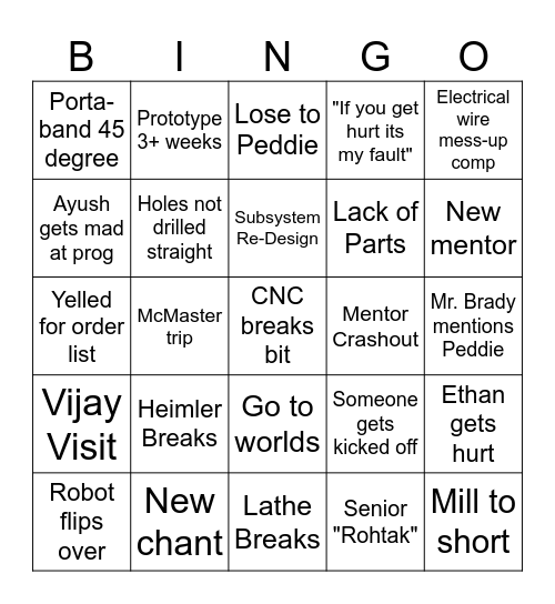 2026 Build/Comp Season Bingo Card