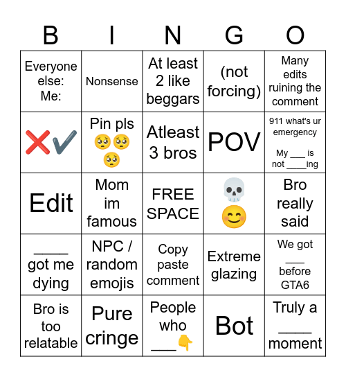 yt shorts comments Bingo Card