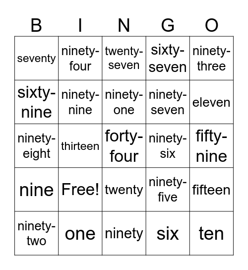 Number Name Bingo Card