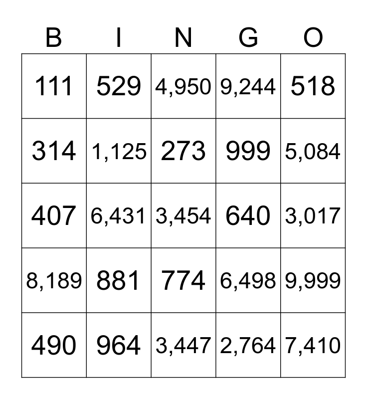 Big numbers Bingo Card