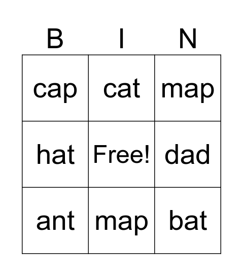 CVC words Bingo Card