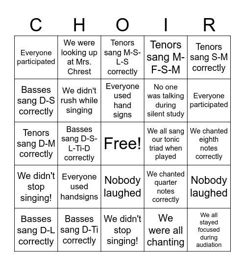 SIGHT READING BINGO Card