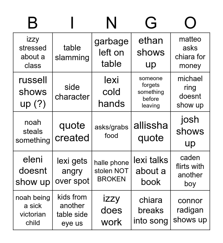 Lunch Bingo Card