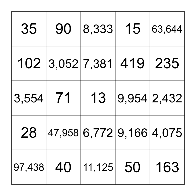 Numbers Bingo Card