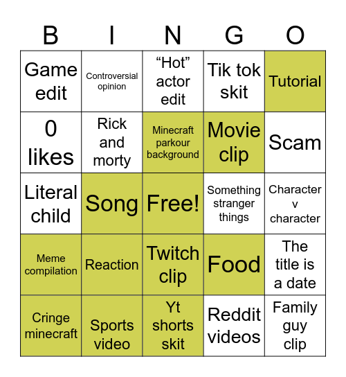 YouTube shorts Bingo Card
