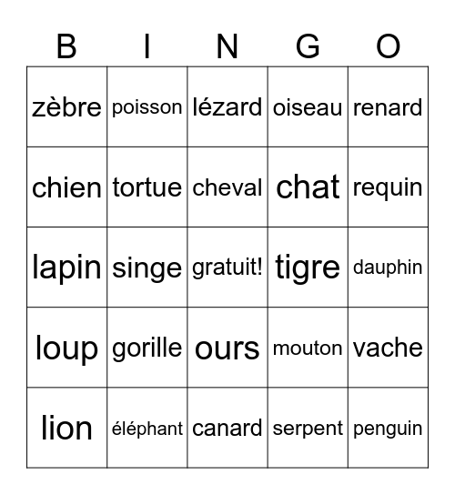 Les animaux Bingo Card