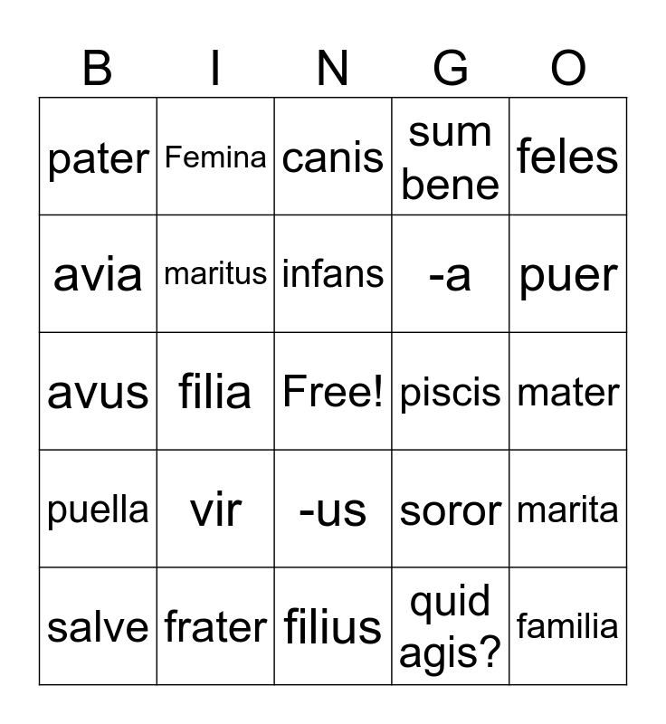 Latin Familia Bingo Card