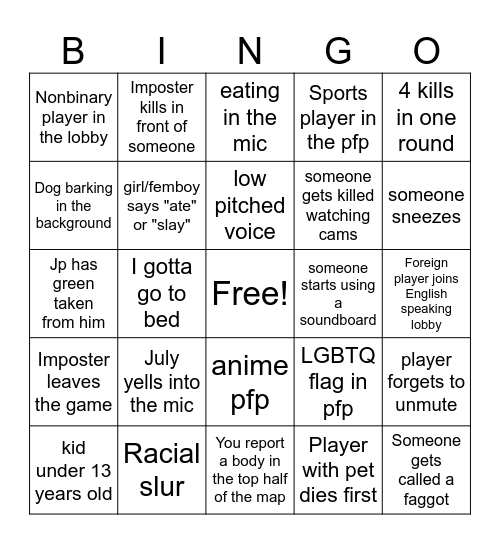 Among Us Bingo Card