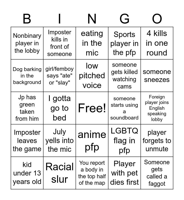 Among Us Bingo Card