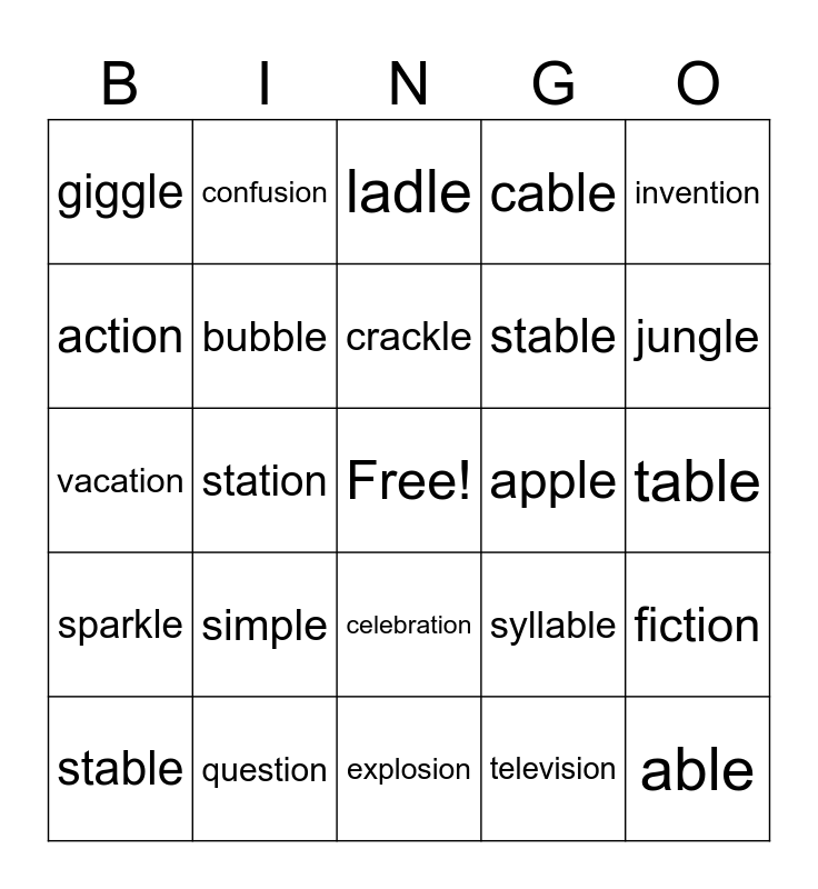 Final Stable Syllable Bingo Card