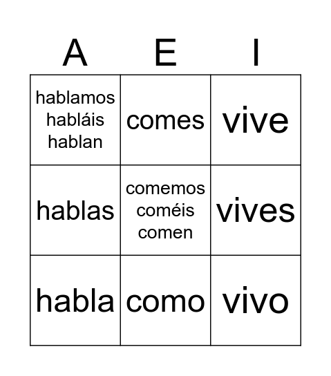 Conjugation Bingo Card