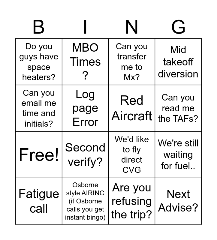 Operations Winter Edition Bingo Card