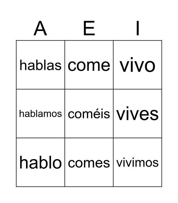 Conjugation Bingo Card