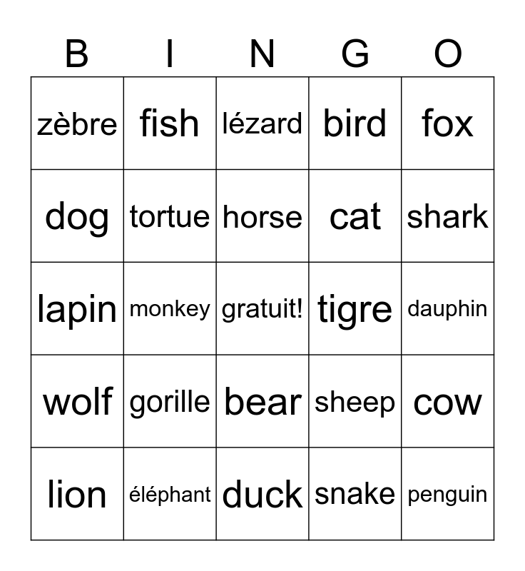 Les animaux en anglais et français Bingo Card