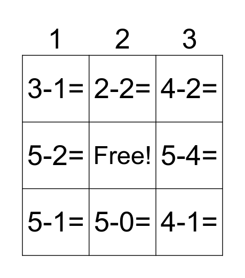 Subtraction Bingo Card