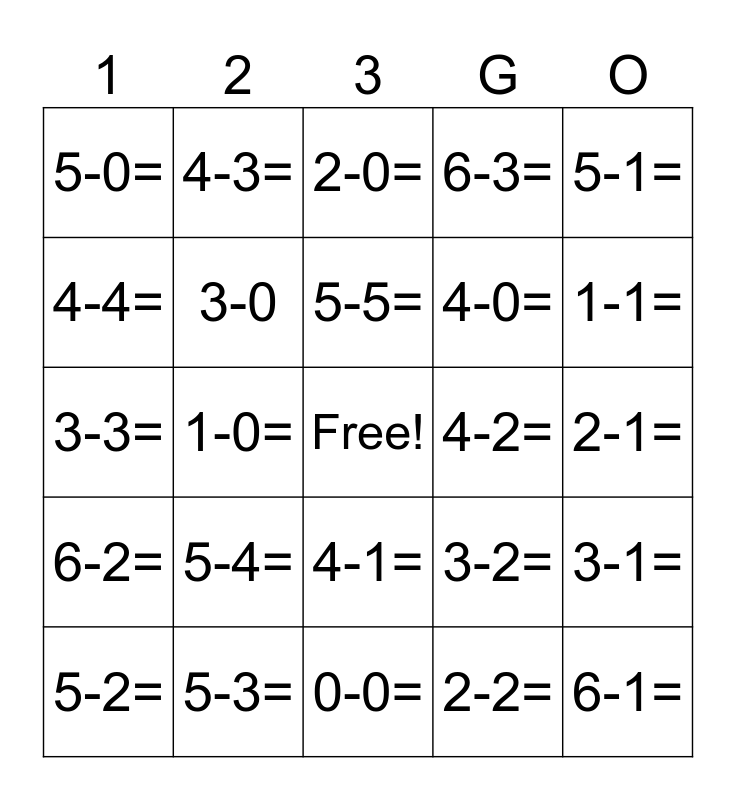 Subtraction Bingo Card