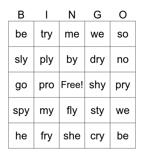Long vowels in short words Bingo Card