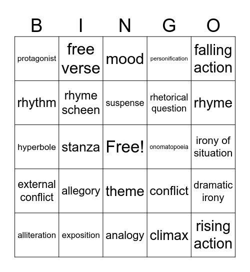 Literary Terms Bingo Card