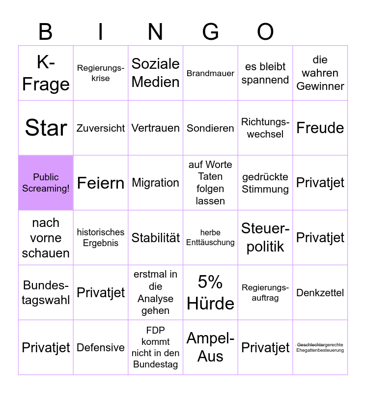 Public Screaming Bingo Card