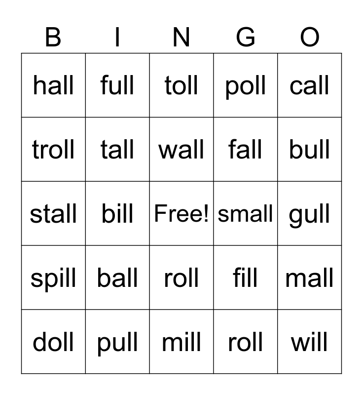 'all' 'oll' 'ull' Bingo Card