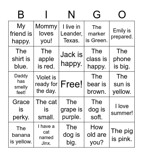 Simple Sentence Bingo Card