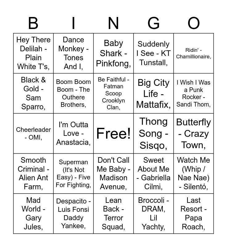 ONE HIT WONDERS Bingo Card
