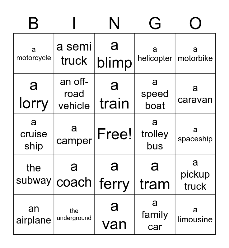 Transportation Bingo Card