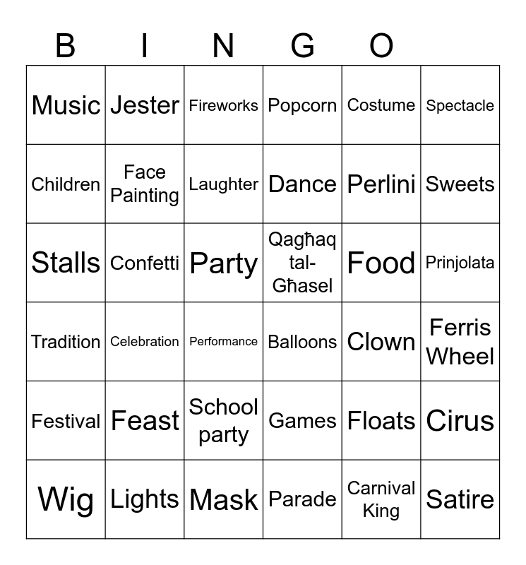 Carnival Bingo Card