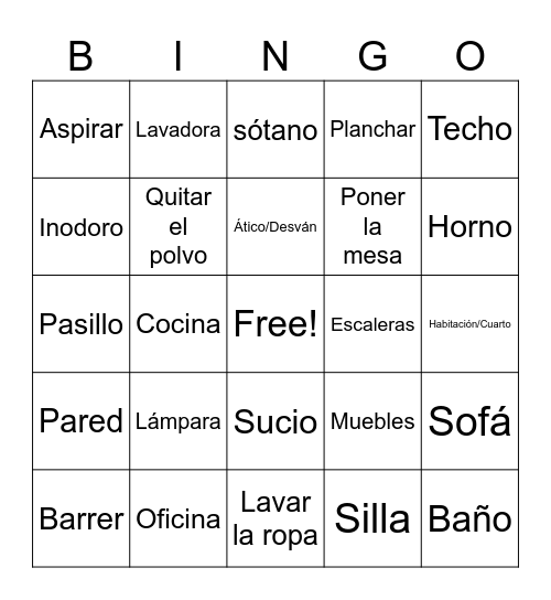 Spanish House & Chore Vocab Bingo Card