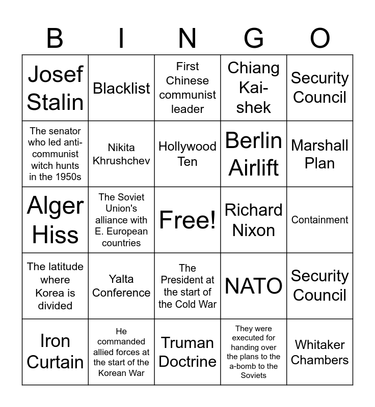 Cold War Bingo Card