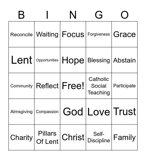 Pillars Of Lent Bingo Card