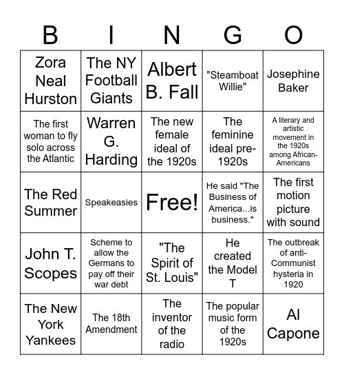 1920s APUSH Bingo Card