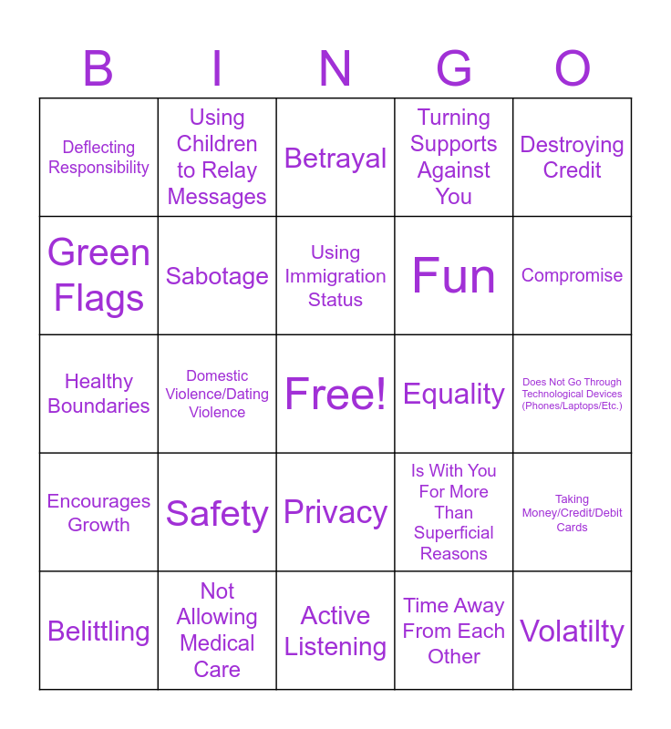 Healthy Relationship Bingo Card
